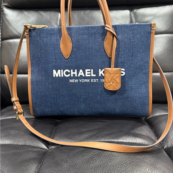 Michael Kors | Bags | Michael Kors Denim And Tan Leather Handbag | Poshmark